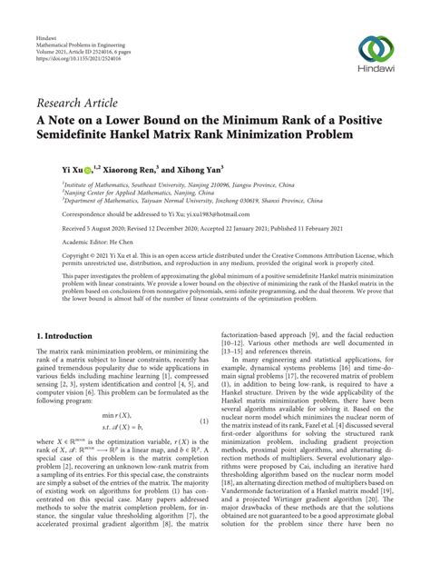 PDF A Note On A Lower Bound On The Minimum Rank Of A Positive Semidefinite Hankel Matrix Rank