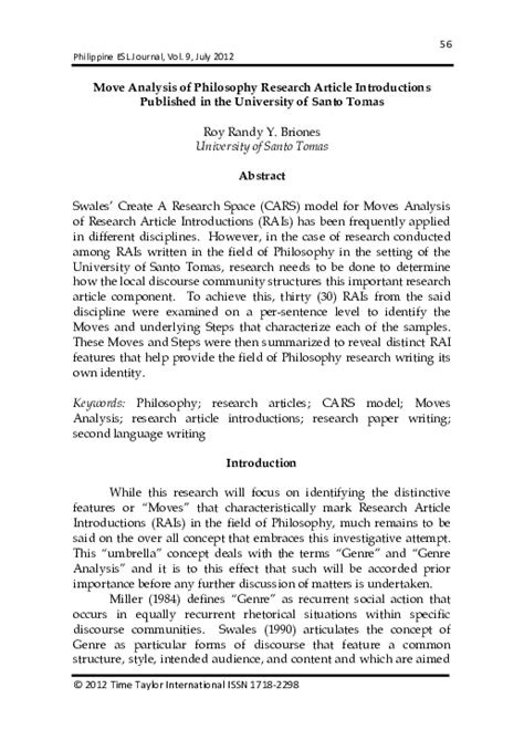 Pdf Move Analysis Of Philosophy Research Article Introductions Published In The University Of