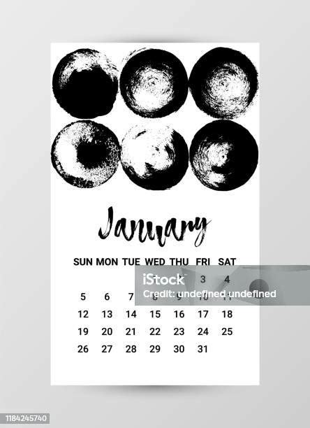 벡터 자유형 달력 2020 1월 지저분한 잉크 그런지 텍스처와 창조적 인 흑백 디자인 템플릿 주일요일부터 시작됩니다 흑백 미니멀