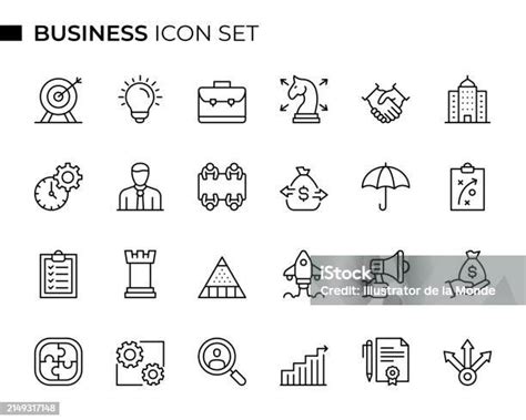 비즈니스 컨셉 씬 라인 아이콘 세트에는 비즈니스 대상 창의성 서류 가방 전략 계약 본사 관리자 계획 마케팅 효율성 비용 등과 같은 아이콘이 포함되어 있습니다 개발에 대한