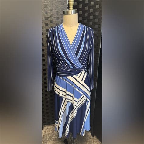 London Times Dresses London Times Blue And White Ruched Wrap Dress