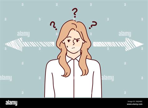 Discouraged Woman Near Arrows Pointing In Different Directions For Hard