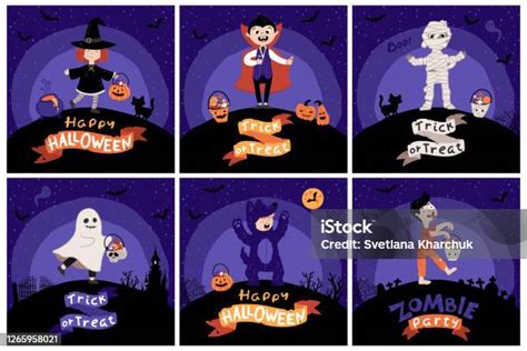 할로윈 키즈 의상 파티 카드 세트 휴일을위한 다양한 의상에 과자 양동이를 가진 아이들 밤 하늘 배경 만화 손으로 그린 스타일로 귀여운 유치한 일러스트 글자 아이에 대한 스톡