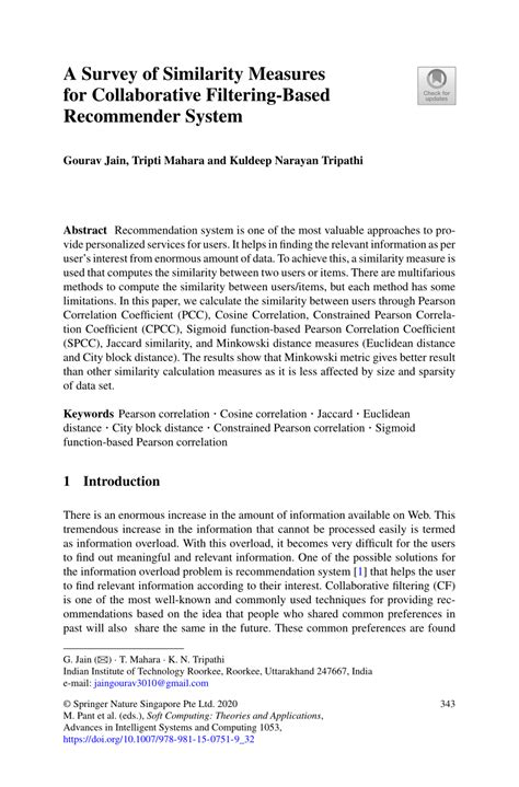 PDF A Survey Of Similarity Measures For Collaborative Filtering Based Recommender System