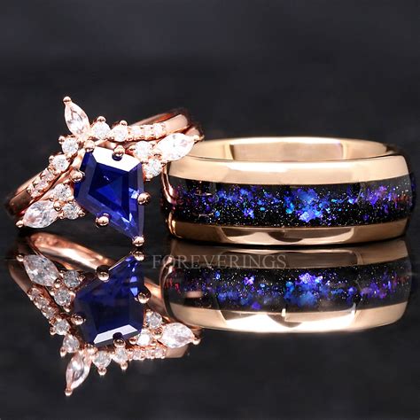 Orion Nebula Ring Set Rose Gold His And Hers Wedding Bands Blue