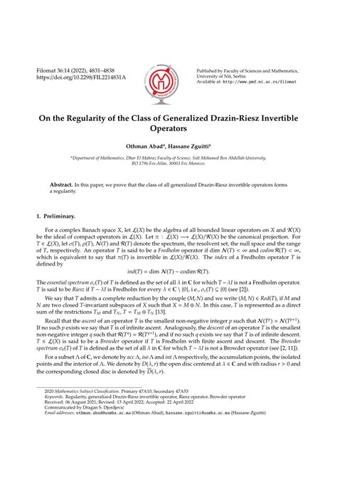 Pdf On The Regularity Of The Class Of Generalized Drazin Riesz Invertible Operators