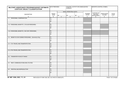 Af Form 1858 Military Assistance Program Budget Estimate Cost By