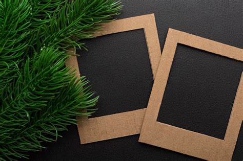 사진용 두 프레임과 크리스마스 트리의 가지 검은 배경에 크래프트 골판지 프레임 템플릿 갈색 용지에 대한 스톡 사진 및 기타
