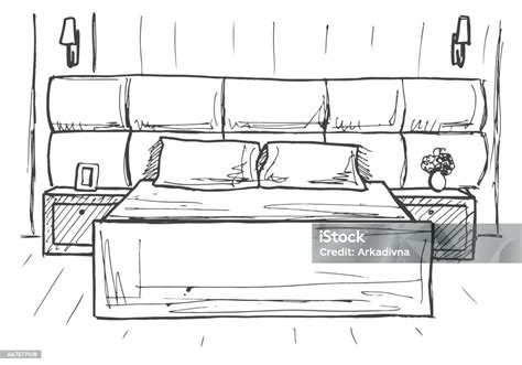 손 그려진된 밑그림입니다 인테리어의 선형 밑그림입니다 스케치 선 침실 벡터 일러스트입니다 룸 계획입니다 3차원 형태에 대한 스톡