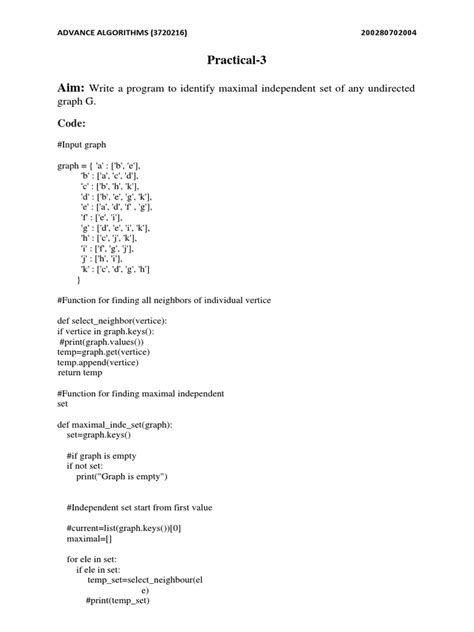 Practical 3 Aim Write A Program To Identify Maximal Independent Set