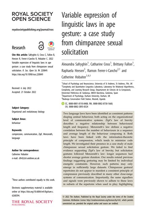 Pdf Variable Expression Of Linguistic Laws In Ape Gesture A Case