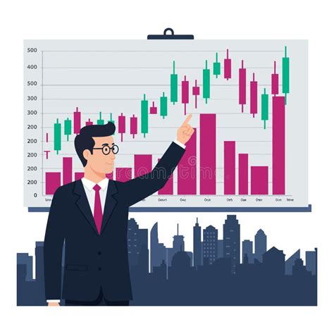 Businessman Analyzing Financial Data With Candlestick And Bar Chart In Flat Design Vector
