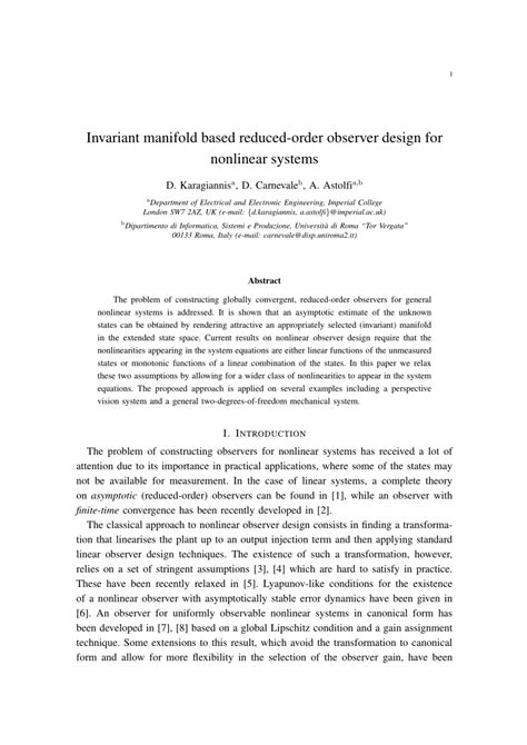 Pdf Invariant Manifold Based Reduced Order Observer Design For Nonlinear Systems