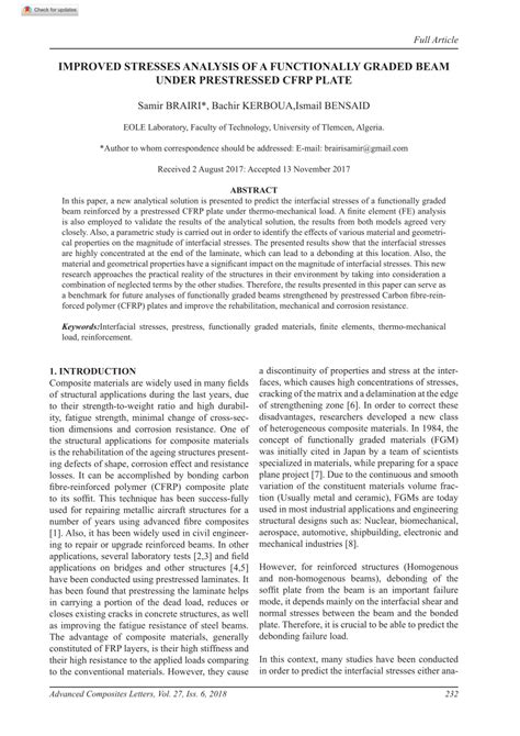 Pdf Improved Stresses Analysis Of A Functionally Graded Beam Under Prestressed Cfrp Plate