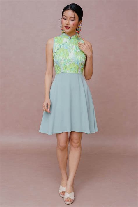 Whimsical Wonder Embossed Cheongsam Dress Sage Green Faire Belle