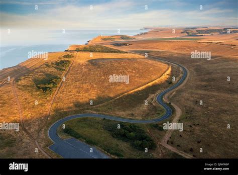 Stunning Aerial Drone Landscape Image Of Golden Hour Over Farmers Fields In South Downs National