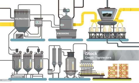 해바라기 기름 생산 공정 여과 가압 정제 탈취 포장 자동화 라인 벡터 일러스트 여과에 대한 스톡 벡터 아트 및 기타 이미지