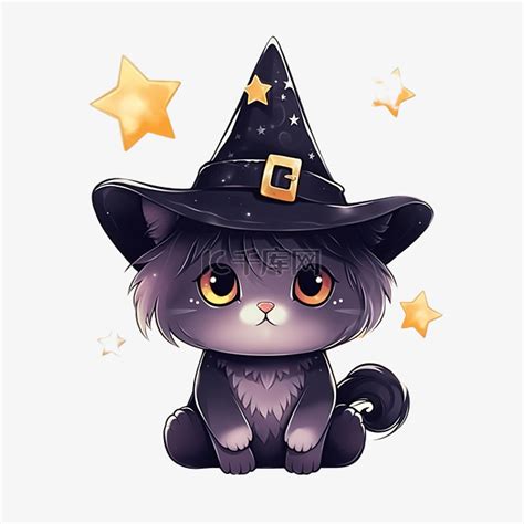 画星夜戴女巫帽的可爱猫咪素材图片免费下载 千库网