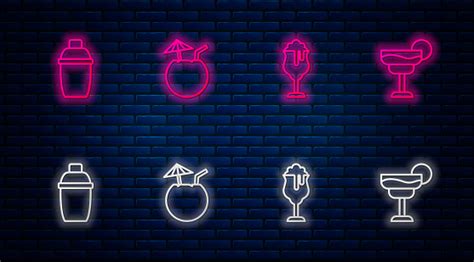 세트 라인 코코넛 칵테일 맥주 한 잔 칵테일 셰이커 및 벽돌 벽에 빛나는 네온 아이콘 벡터 과일에 대한 스톡 벡터 아트 및 기타 이미지 Istock