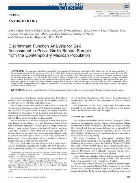 Discriminant Function Analysis For Sex A Pdf Pelvis