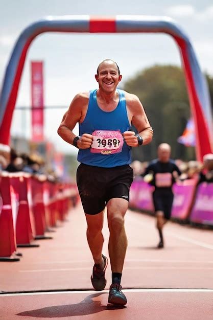 Premium Photo A Man Crosses The Finish Line At A Marathon