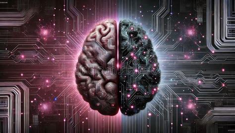 Futuristic Human Brain With Organic And Cybernetic Halves Featuring Neural Circuits Glowing