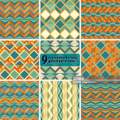 레트로 컬러 팔레트의 지그재그와 매끄러운 추상기하학적 패턴 세트 가리비 모양 장식에 대한 스톡 벡터 아트 및 기타 이미지 가리비 모양 장식 개체 그룹 고리 세공