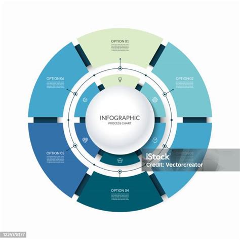 인포그래픽 원형 차트는 6부분으로 나뉩니다 보고서 프레젠테이션 데이터 시각화를 위해 설계된 6가지 옵션이 있는 단계별 주기 다이어그램 인포그래픽에 대한 스톡 벡터 아트 및