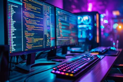 Close Up Of Programmer S Workspace In A Dimly Lit Office With Large Computer Monitors And