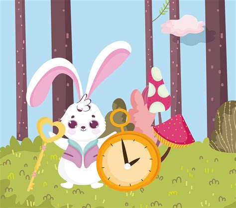 Wonderland Rabbit With Key And Clock Forest Vector Art At Vecteezy