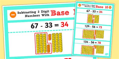 Subtracting Digit Numbers And Tens Using Base Display Poster