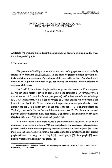 Pdf On Finding A Minimum Vertex Cover Of A Series Parallel Graph