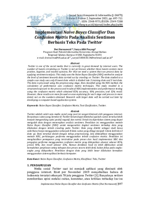 Pdf Implementasi Naïve Bayes Classifier Dan Confusion Matrix Pada Analisis Sentimen Berbasis