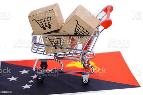 쇼핑 카트 로고와 파푸아 뉴기니 플래그 상자 수입 수출 쇼핑 온라인 또는 전자 상거래 금융 배달 서비스 상점 제품 배송 무역