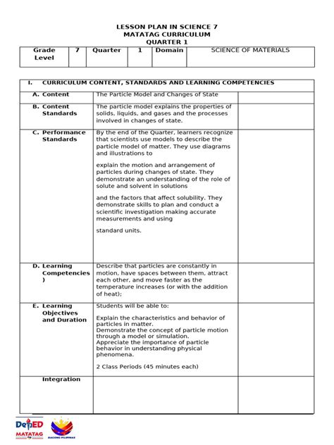 Lc 3 Science 7 Lesson Plan Matatag Curriculum Pdf Gases Matter