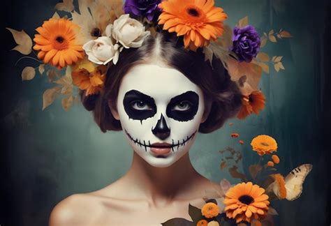 Premium Photo Woman Wearing Day Of The Dead Makeup With Flowers