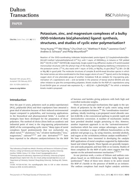 Pdf Potassium Zinc And Magnesium Complexes Of A Bulky Ooo