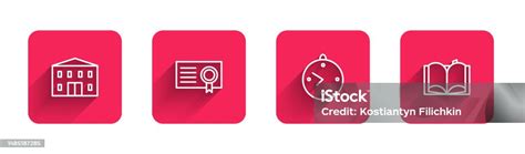 긴 그림자가 있는 학교 건물 인증서 템플릿 시계 및 열린 책을 선으로 설정합니다 빨간색 사각형 버튼입니다 벡터 0명에 대한 스톡 벡터 아트 및 기타 이미지 Istock