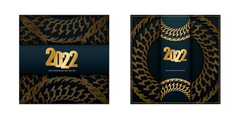 홀리데이 플라이어 2022 메리 크리스마스와 빈티지 골드 패턴의 새해 복 상 한 블루 색상 0명에 대한 스톡 벡터 아트 및 기타 이미지 0명 2022년 구 Istock