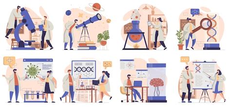 Научное исследование коллекция изолированных сцен люди проводят тесты ...