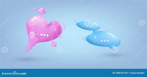 Plastic Speech Bubble 3d Vector Icon Message Dialog Button With Pink Heart And Blue Bubble