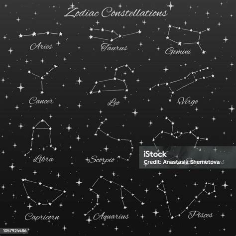 손으로 그린된 벡터 12 표지판의 조디악 별자리 세트 양자리 황소 자리 쌍둥이 자리 암 레오 처녀자리 천칭 자리 전갈 자리 궁수