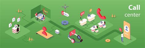 콜 센터 개념 3d 아이소메트릭 인포그래픽 웹 배너 사람들은 고객 지원 센터에서 일하고 전화와 메시지에 응답하고 문제를 돕고