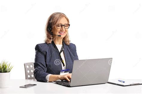 Woman With A Dispatch Headset Working On A Laptop Computer Stock Image Image Of Conference