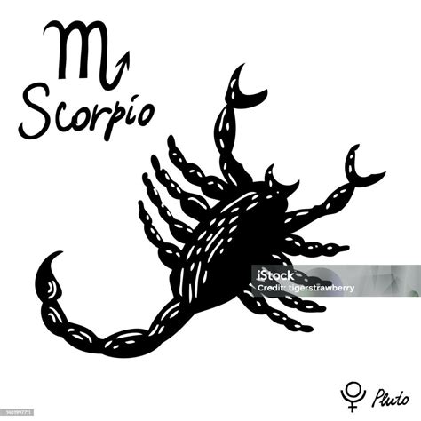 손으로 그린 조디악 별자리 기호 및 서명 전갈 자리 명왕성 그림 행성과 기호 서면 이름 신비한 신비한 신비한 손바닥과 마술 연금술에 사용할 수 있습니다 벡터 0명에 대한