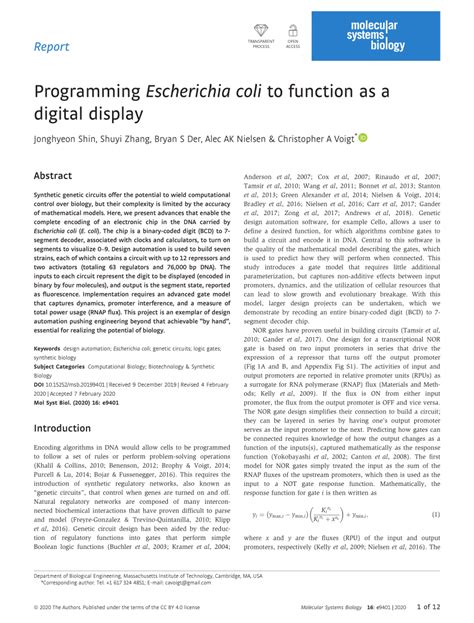 Pdf Programming Escherichia Coli To Function As A Digital Display