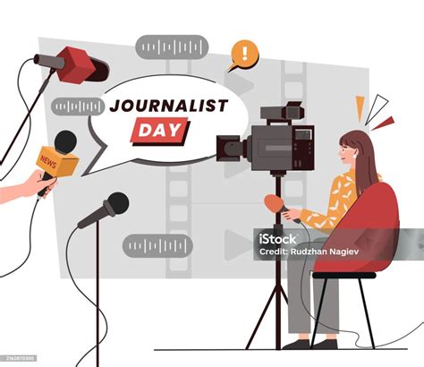 기자의 날 포스터 카메라를 든 여자와 마이크를 가진 사람들 기자와 Tv 진행자는 인터뷰를 위해 스튜디오를 준비합니다 매스 미디어 및 저널리즘 평면 벡터 일러스트 레이 션