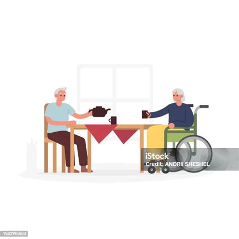 휠체어를 타고 함께 차를 마시는 노인 남자와 여자의 만화 캐릭터 가정 생활에 대한 스톡 벡터 아트 및 기타 이미지 가정 생활 노인 커플 2명 Istock