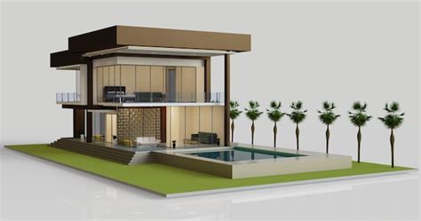 수영장이 있는 집 모델 그림의 3d 렌더링 디자인 현대적인 외관 프리미엄 사진