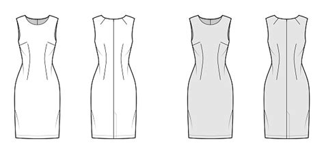 드레스 칼집 기술 패션 일러스트와 민소매 몸에 맞는 무릎 길이 연필 스커트 플랫 의류 전면 시스 원피스에 대한 스톡 벡터 아트 및 기타 이미지 Istock